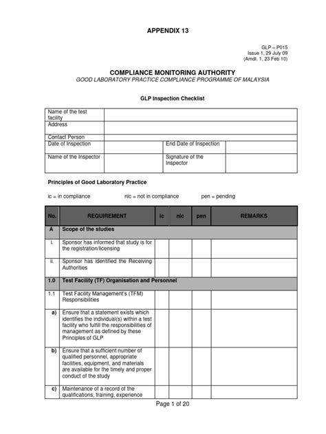 Appendix 13 Glp P015 Glp Inspection Checklist 290709 Amdt1 230210