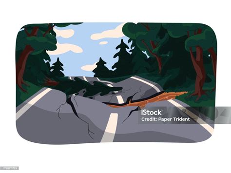 천재지변 지진 숲 쓰러진 전나무 갈라진 부서진 도로 폐허가 된 아스팔트 지구 파괴 파괴된 풍경 지진 환경 지진 활동 평면 벡터