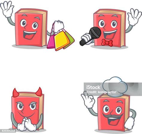 빨간 책 문자 쇼핑 가라오케 악마 요리사 벡터 일러스트 레이 션의 설정 개념에 대한 스톡 벡터 아트 및 기타 이미지 개념