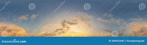 360 Sky Panorama Of Vibrant Golden Cumulus Clouds At Sunset Seamless