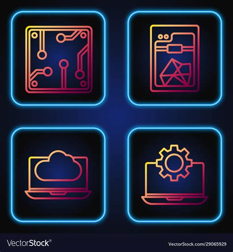 Set Line Laptop And Gear Cloud Technology Data Vector Image
