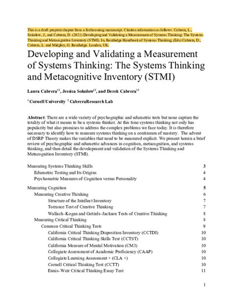 Pdf Developing And Validating A Measurement Of Systems Thinking The Systems Thinking And