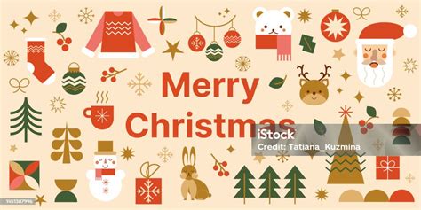 기하학적 모자이크 요소 겨울 축제 기호 산타 벡터 삽화의 크리스마스 트리가 있는 크리스마스 휴일 배너 미니멀리스트 애드트랙트 플랫 디자인의 가로 포스터 레드 골드 배경 0