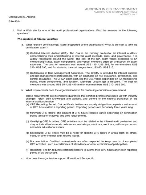 Activity 1 Auditing And Internal Controls Pdf Internal Audit Internal Control