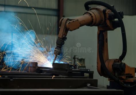 Robotic Arm Welding Metal With Sparks Flying In An Industrial Setting