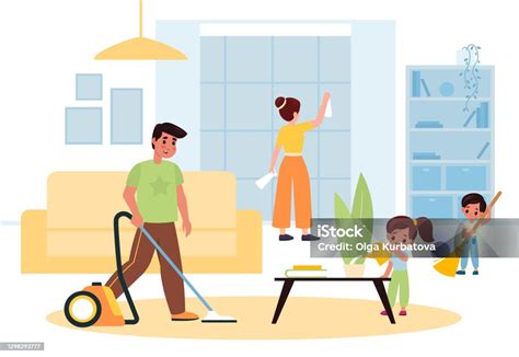부모를 돕는 아이들 거실 인테리어의 가족 합동 집 청소 만화 아버지 어머니와 아이 가정 사람들은 세척및 진공 청소기 하우스키핑 집안일 벡터 컨셉 가족에 대한 스톡 벡터 아트