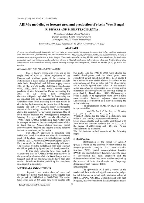 Pdf Arima Modeling To Forecast Area And Production Of Rice In West Bengal