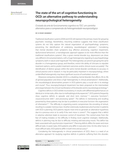 Pdf The State Of The Art Of Cognitive Functioning In Ocd An Alternative Pathway To