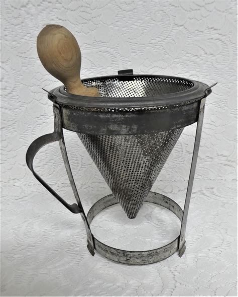 Vintage Metal Cone Sieve With Stand And Wooden Pestle Vtg Canning Sieve