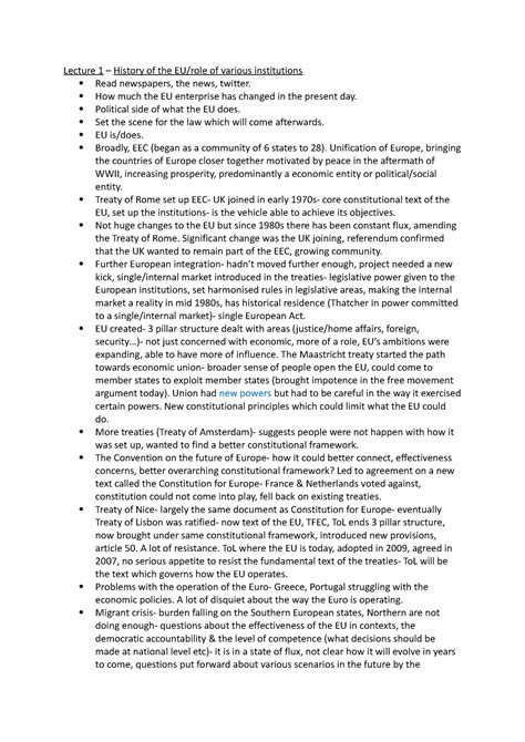 Lecture 1 Evolution Of Eu Lecture 1 History Of The Eu Role Of Various Institutions Read