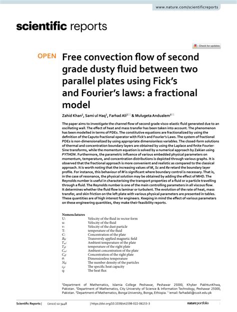 Pdf Free Convection Flow Of Second Grade Dusty Fluid Between Two Parallel Plates Using Ficks