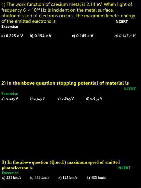 1 Ncert Exercise1 Pdf Photoelectric Effect Electronvolt