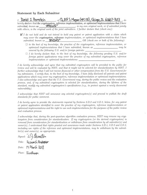 Fillable Online Csrc Nist Submitter Statement Sphincs Post Quantum