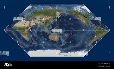 Okhotsk Tectonic Plate On The Blue Marble Satellite Map In The Eckert I Projection Centered