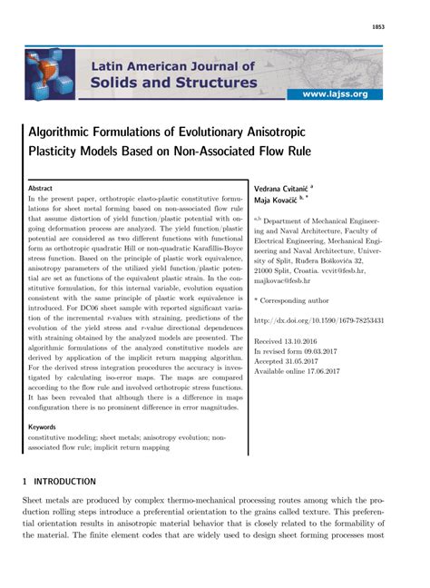 Pdf Algorithmic Formulations Of Evolutionary Anisotropic Plasticity Models Based On Non