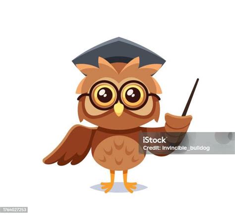 박격포와 안경을 쓰고 눈에 지혜가 담긴 포인터를 들고 있는 귀여운 만화 올빼미 교사 올빼미류에 대한 스톡 벡터 아트 및 기타 이미지 올빼미류 지시봉 컷아웃 Istock