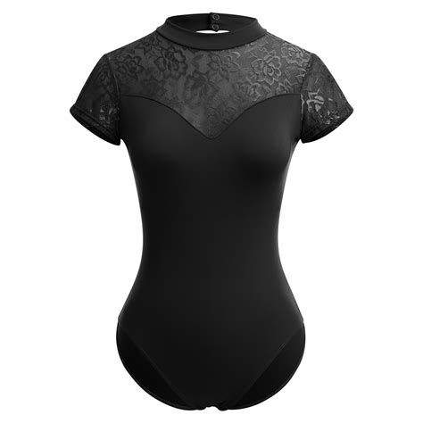 Ibtom Castle Women Gymnastics Leotard Adult Short Sleeve Floral Lace