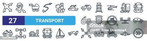 비행 비행기 미끄러운 도로 아기 트롤리 트램 정류장 라벨 세마포어 섀시 비행기 모바일 앱 웹 디자인을위한 시프트 벡터 아이콘과 같은 27 개의 얇은 라인 전송 아이콘 세트