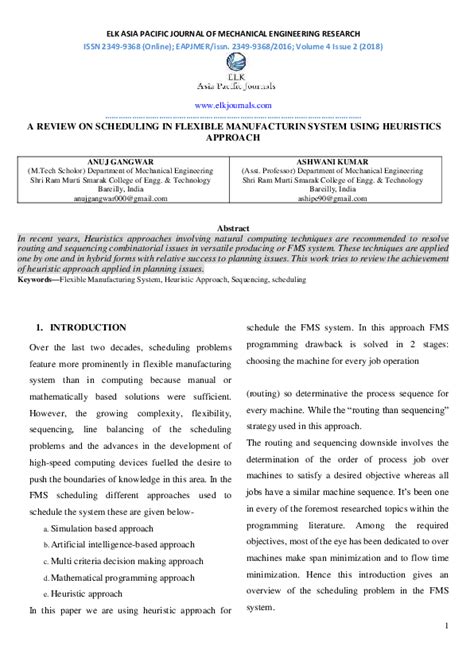 Pdf A Review On Scheduling In Flexible Manufacturin System Using Heuristics Approach