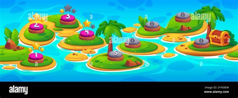Game Levels Map With Floating Tropical Islands In Sea Or Ocean Water With Sand And Green Grass