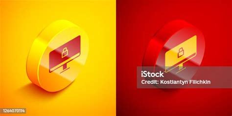ล็อคไอโซเมตริกบนไอคอนหน้าจอจอคอมพิวเตอร์แยกบนพื้นหลังสีส้มและสีแดง ความปลอดภัย ความปลอ ภาพประกอบ
