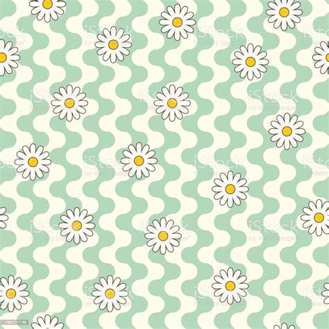 환각 히피 표면 패턴 디자인 추상적 원활한 벡터 패턴 카모마일 꽃과 물결 모양의 줄무늬 60 년대 70 년대 복고풍 스타일 빈티지 플로럴 배경 1960 1969 년에 대한