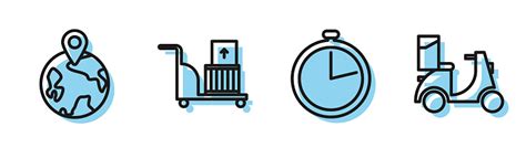 세트 라인 스톱워치 전 세계 전기 손 트럭과 상자와 스쿠터 배달 아이콘 벡터 계시기에 대한 스톡 벡터 아트 및 기타 이미지 계시기 교통수단 글로벌 비즈니스 Istock