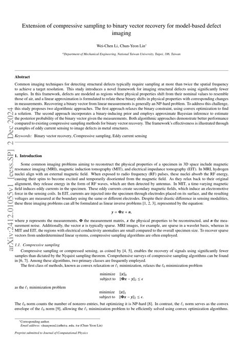 Pdf Extension Of Compressive Sampling To Binary Vector Recovery For Model Based Defect Imaging