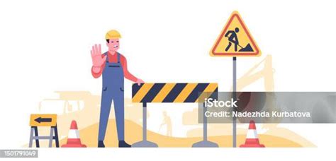 도로 작업자는 거리 수리 작업이 진행 중이기 때문에 통행을 금지합니다 고속도로 리노베이션 장벽 또는 길가 파기 표지판 도로 공학 작업복을 입은 노동자 벡터 개념 건설 현장에