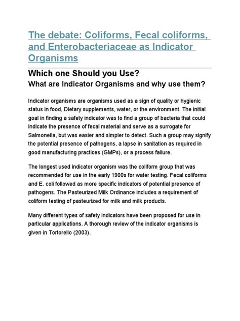 The Debate Coliforms Fecal Coliforms And Enterobacteriaceae As Indicator Organisms Pdf