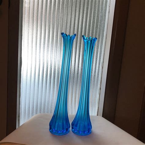 Vintage 60s Aqua Ribbed Glass Vases Pair Aqua Vases Aqua Art