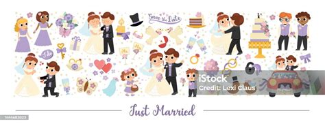 벡터 결혼식 가로 세트와 그냥 결혼 한 커플입니다 배너 초대장에 대 한 결혼식 카드 템플릿입니다 신부 신랑 신부 들러리 신랑 케이크 반지가 있는 귀여운 결혼 그림 가공의