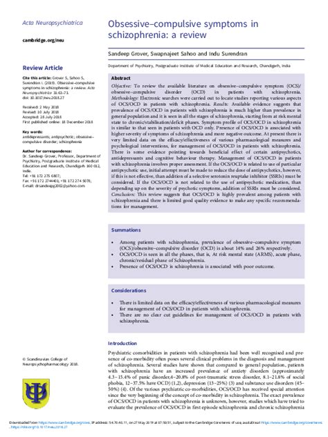 Pdf Obsessive Compulsive Symptoms In Schizophrenia A Review Swapnajeet Sahoo