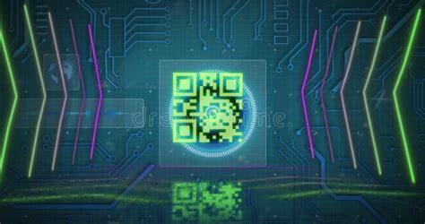 Image Of Qr Code Over Circles With Arrows Against Circuit Board Pattern