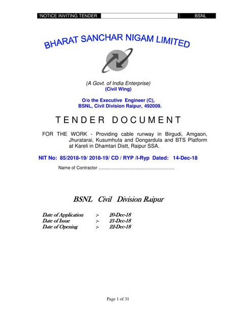 Pdf T E N D E R D O C U M E N T Bharat Sanchar Nigam