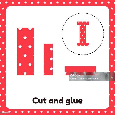 벡터 일러스트입니다 유치원과 학교 나이의 아이 들을 위한 게임 잘라 고 접착제 영어 알파벳 I 레드의 편지는 백색 별 배경 가위에 대한 스톡 벡터 아트 및 기타 이미지