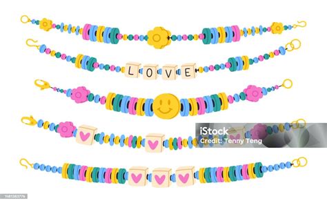 수제 플라스틱 구슬 팔찌 우정 팔찌 아이 손수 공예 귀여운 액세서리 첨부 컬러 비즈 플랫 벡터 일러스트 레이 션 세트 우정팔찌에 대한 스톡 벡터 아트 및 기타 이미지