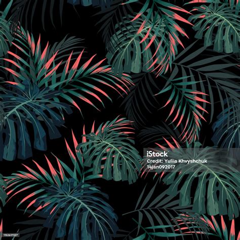 벡터 원활한 트로피컬 패턴 팜 몬스 테라 잎과 함께 생생한 트로픽 단풍 현대 밝은 여름 인쇄 디자인입니다 검정색 배경입니다