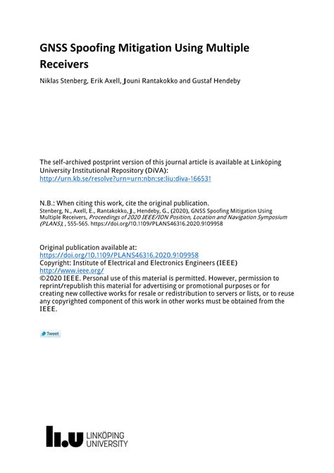 Pdf Gnss Spoofing Mitigation Using Multiple Receivers