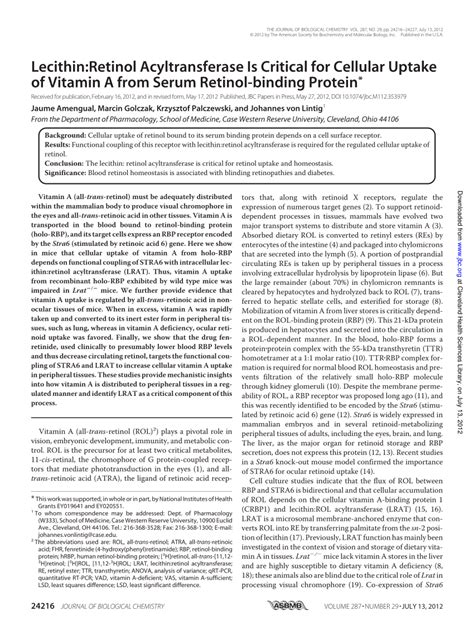 Pdf Lecithin Retinol Acyltransferase Is Critical For Cellular Uptake Of Vitamin A From Serum
