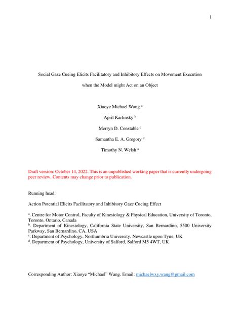 Pdf Social Gaze Cueing Elicits Facilitatory And Inhibitory Effects On Movement Execution When