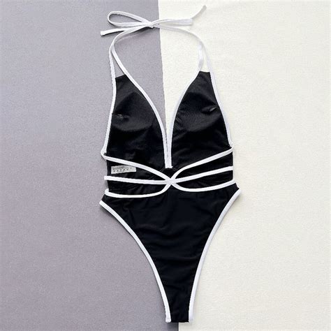 Sexy Contrast Low Back High Leg Cheeky Plunge Brazilian One Piece Swim Brazilian Bikini Swimsuits