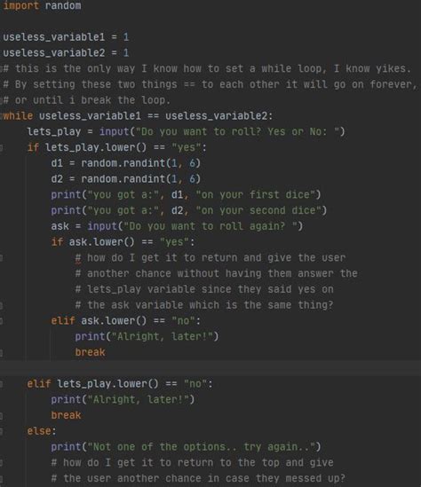 Python Dice Rolling Game Stuck On Code Want To Loop To Restart If
