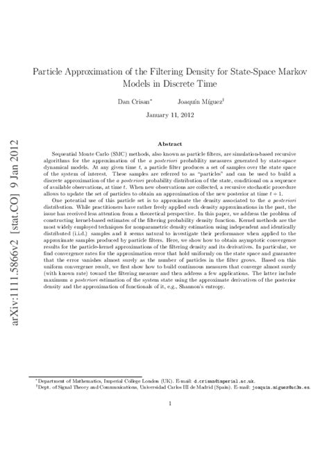 Pdf Particle Approximation Of The Filtering Density For State Space Markov Models In Discrete Time
