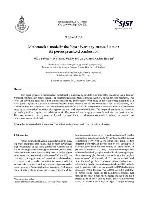Pdf Mathematical Model In The Form Of Vorticity Stream Function For Porous Premixed Combustion