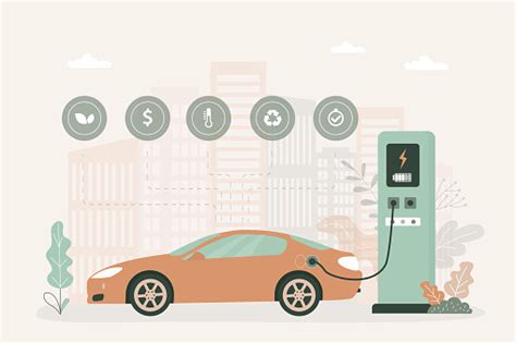 충전소에서 전기 자동차 배경에 도시 풍경입니다 생태학적으로 깨끗한 운송 빠른 충전이 가능한 전기 자동차 기술 지속 가능한 개발 0명에 대한 스톡 벡터 아트 및 기타 이미지