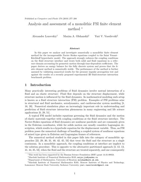 Pdf Analysis And Assessment Of A Monolithic Fsi Finite Element Method