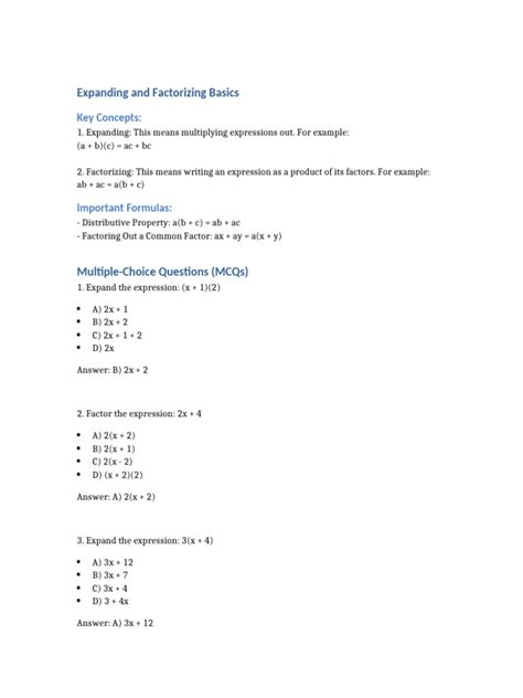 Expanding And Factorizing Basics Pdf
