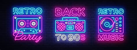 90 년대에 다시 네온 포스터 컬렉션 카드 또는 초대장 디자인 서식 파일 레트로 테이프 레코더 카세트 네온 사인 축음기 기호 가벼운 배너 90 돌아가기 벡터 일러스트 레이