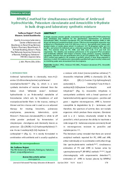 Pdf Rphplc Method For Simultaneous Estimation Of Ambroxol Hydrochloride Potassium Clavulanate